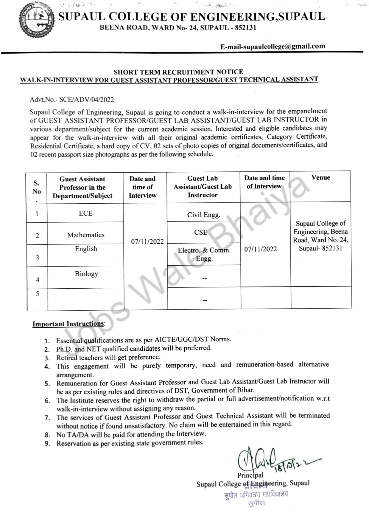 SUPAUL COLLEGE OF ENGINEERING, SUPAUL Various Posts Interview | Apply ...