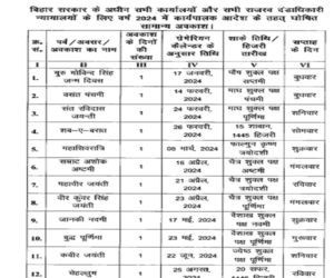 Bihar Sarkar calendar 2024 pdf Bihar Government Holiday List 2024
